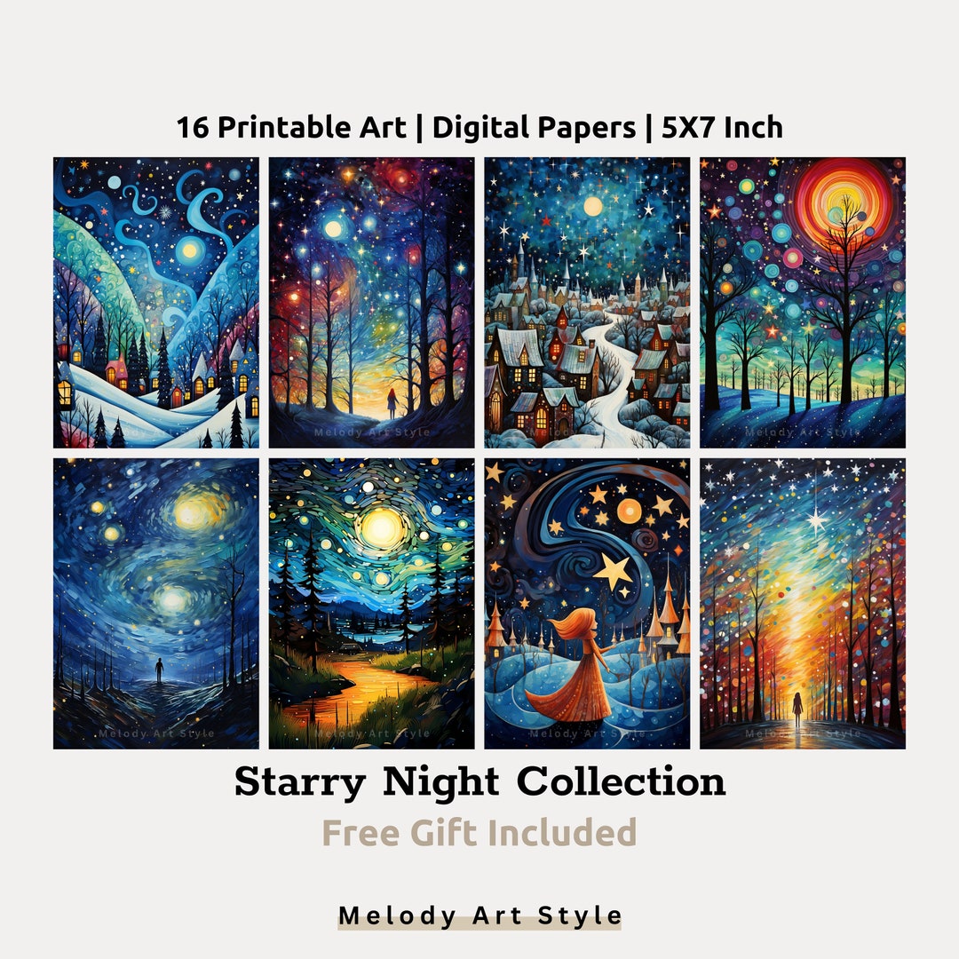 Starry Night Printable Art Celestial Sky Digital Paper Pack, Landscape ...