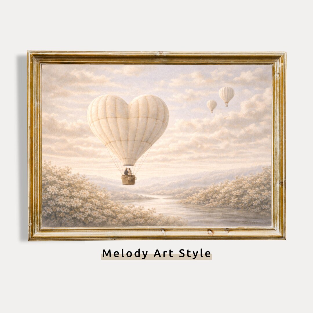 Hot Air Balloon Wall Art, Romantic Heart Balloon Printable Landscape ...