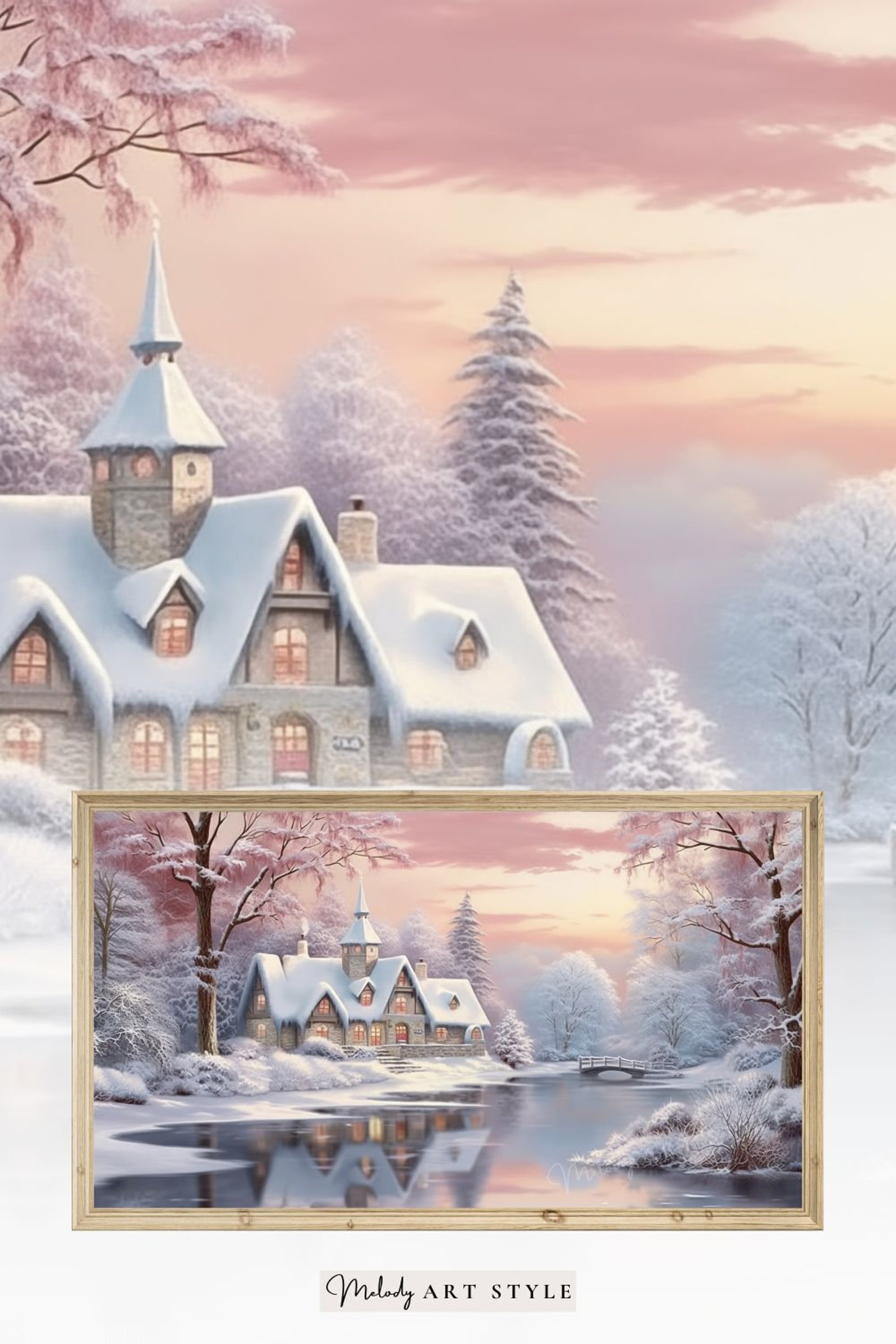 Pastel Christmas Villageframe TV Art 4K 8K Pink Sunrise Landscape ...