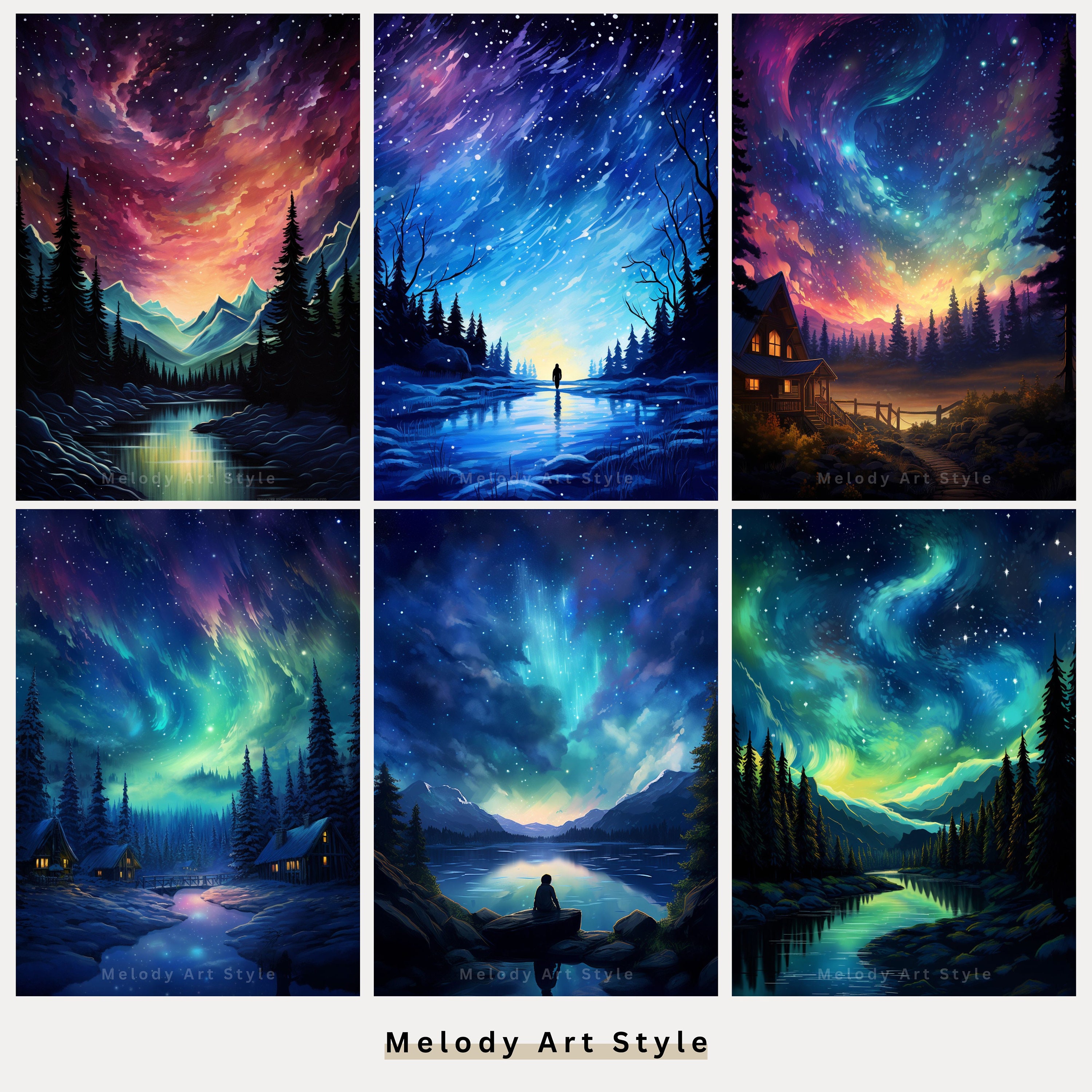 Northern Lights Scene Printable Art, Night Sky Digital Paper Pack ...