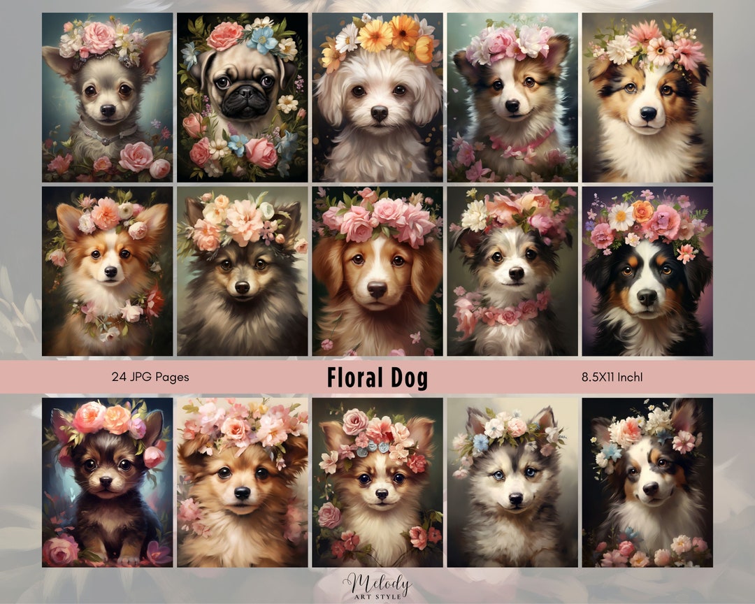Dog With Flowers Painting Paper Set, Watercolor Floral Puppy, Dog ...