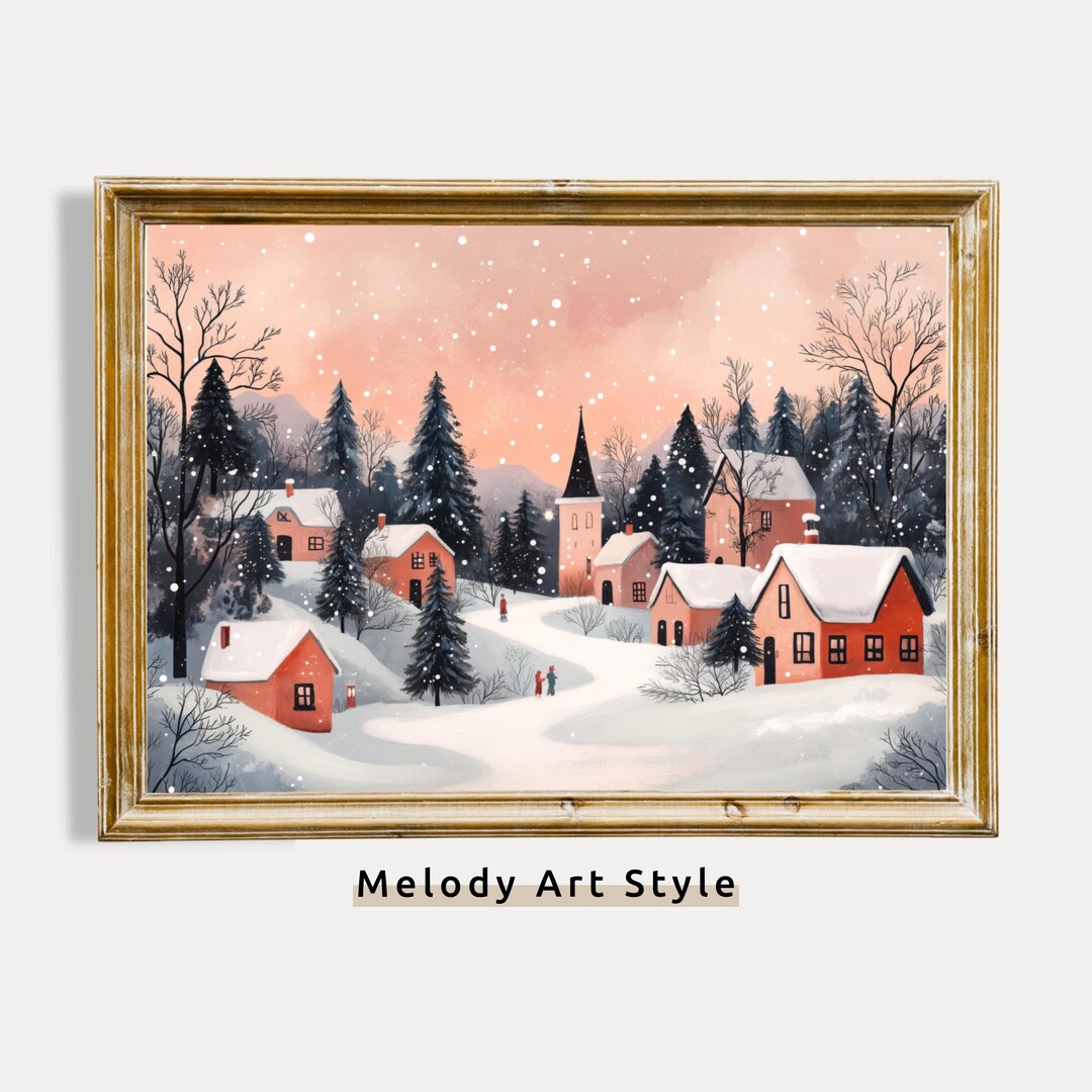 Scandinavian Winter Village Wall Art Snowy Christmas Scene Print Pastel ...