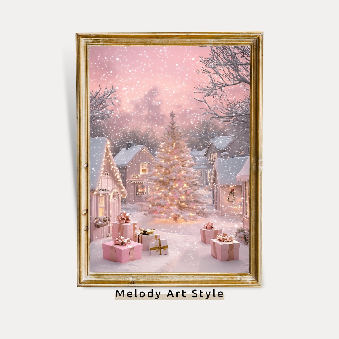Magical Pink Christmas Village Wall Art, Winter Wonderland Oil Painting Christmas Tree Print ...