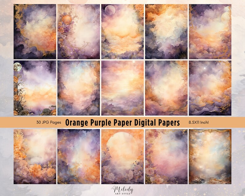 Orange and Purple Paper Digital Paper, Watercolor Halloween Paper Set ...