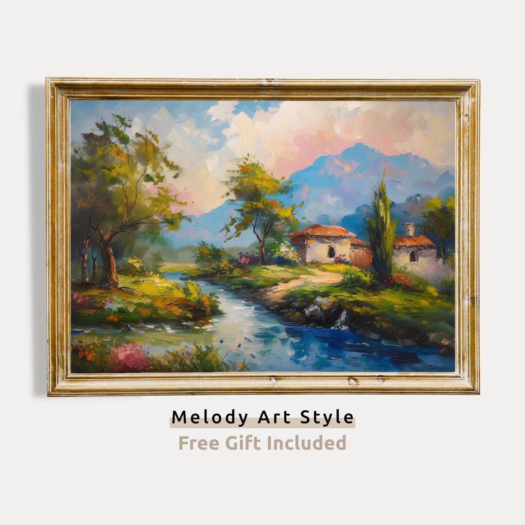 Printable Spring Landscape Painting Vintage Wall Art Rustic Cottage Oil ...