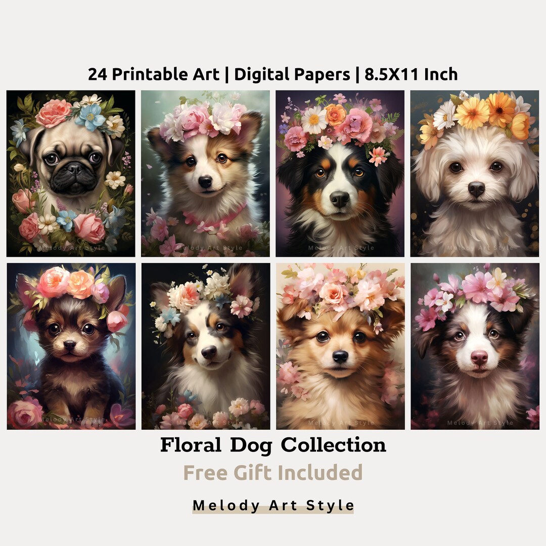 Dog With Flowers Printable Art, Floral Puppy Painting Paper Set Dog ...