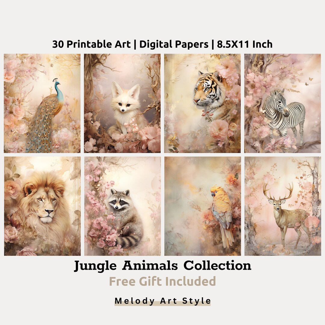 Jungle Animals Junk Journal Paper Set Printable Art Safari Animals ...
