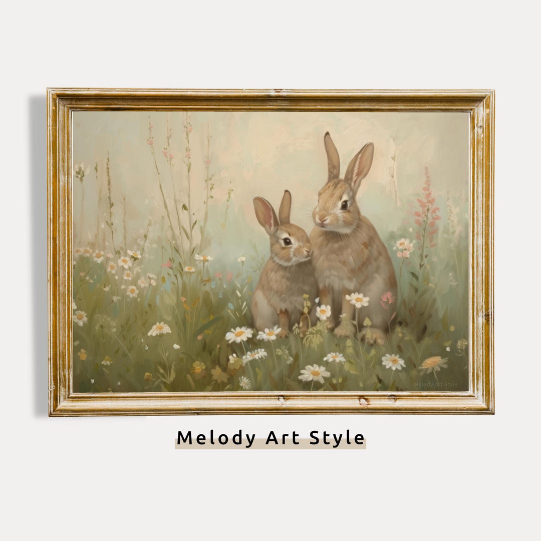Spring Bunnies in Wildflower Field Printable Wall Art Vintage Rustic ...
