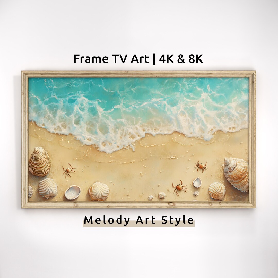 Beach Shore Frame TV Art, Seashell and Ocean Waves Painting, Coastal ...