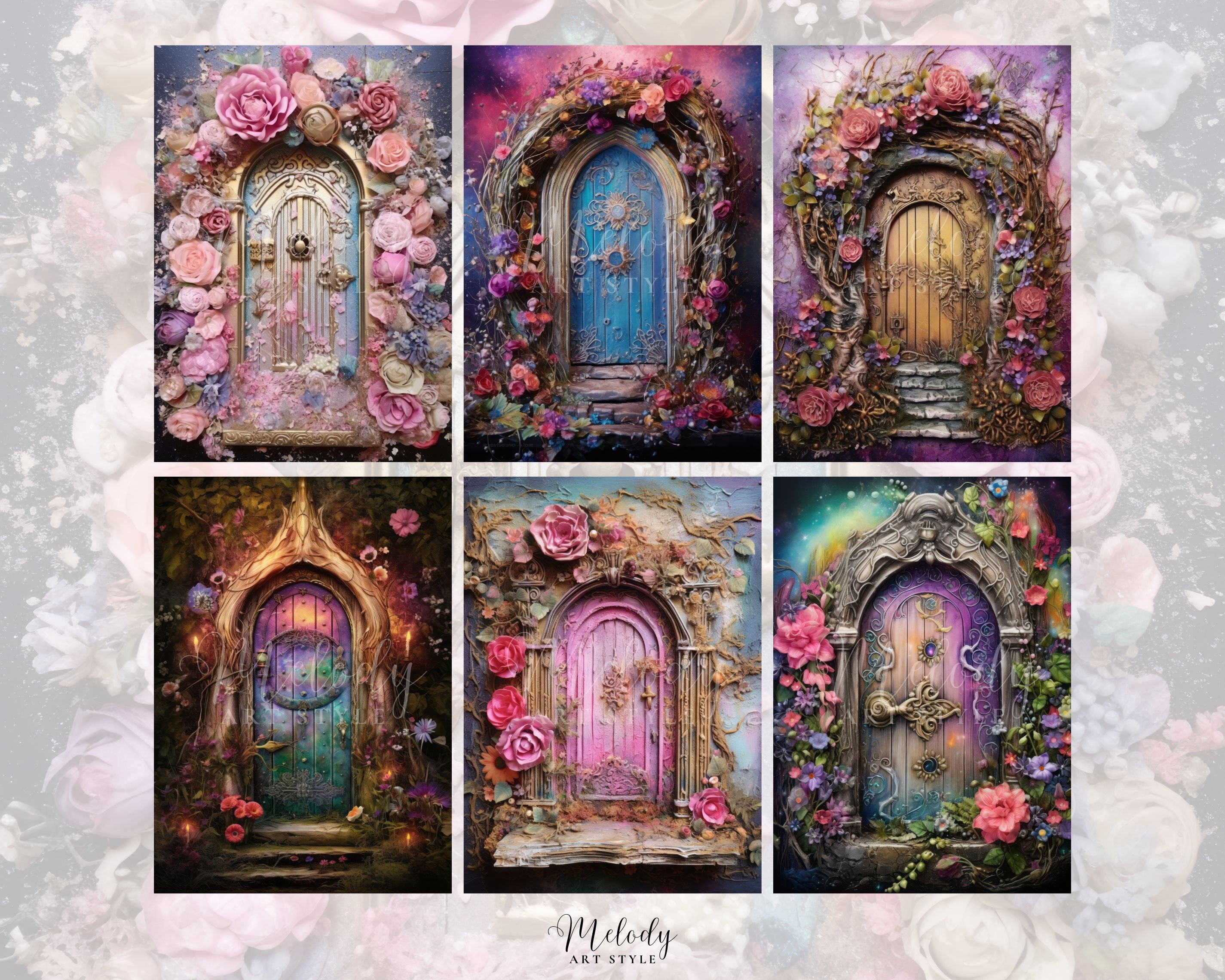 Fairy Door Digital Paper, Floral Doors Paper Set Printable Fantasy Junk ...