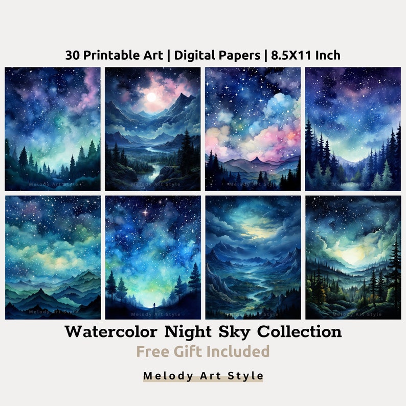 Watercolor Night Sky Printable Art Starry Night Junk Journal Landscpe ...