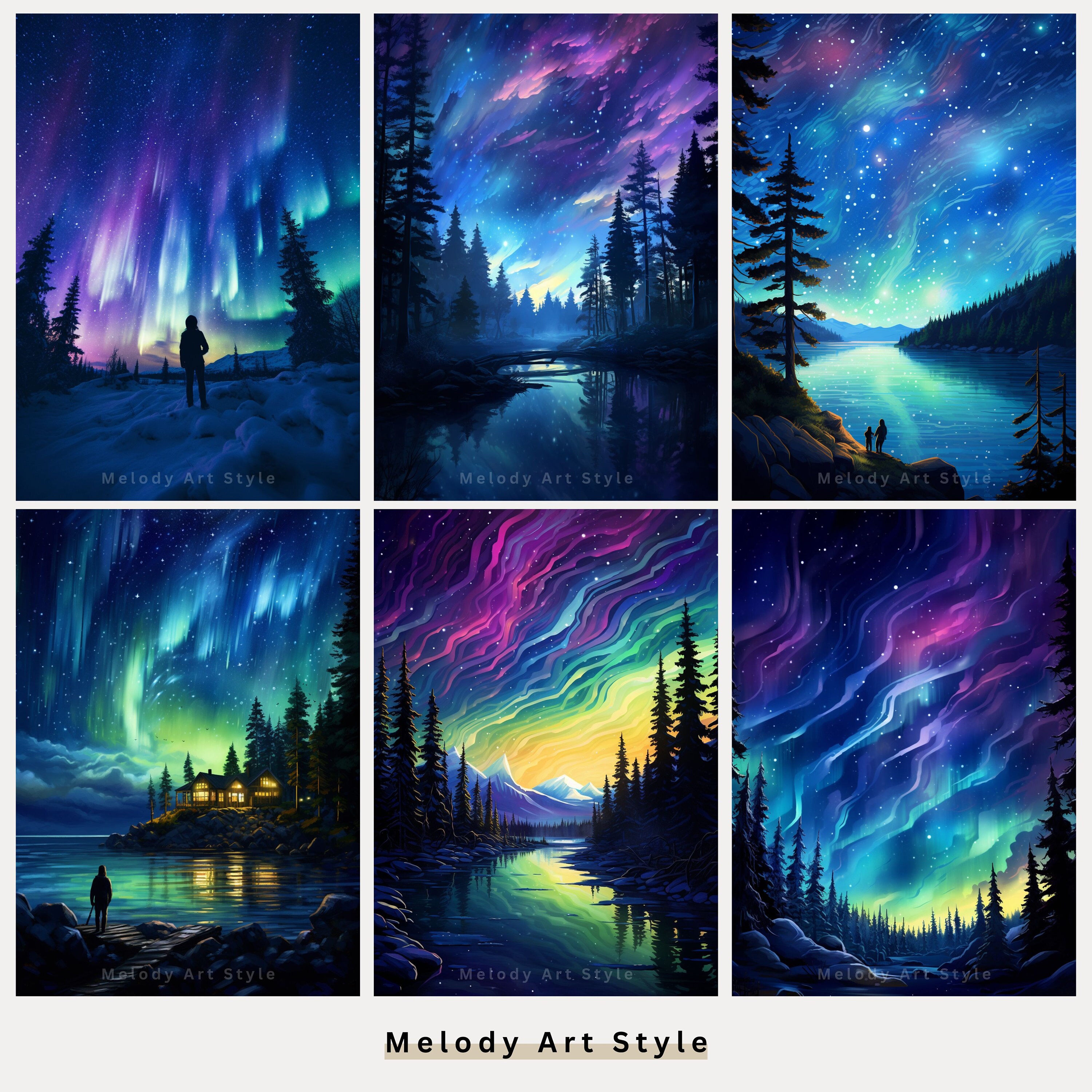 Northern Lights Scene Printable Art, Night Sky Digital Paper Pack ...