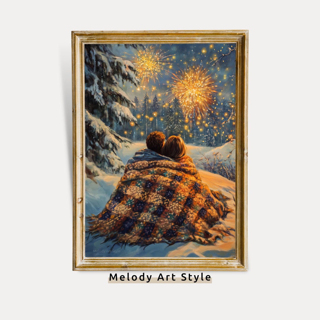 Romantic Winter Night Printable Painting Couple Under Blanket Watching ...
