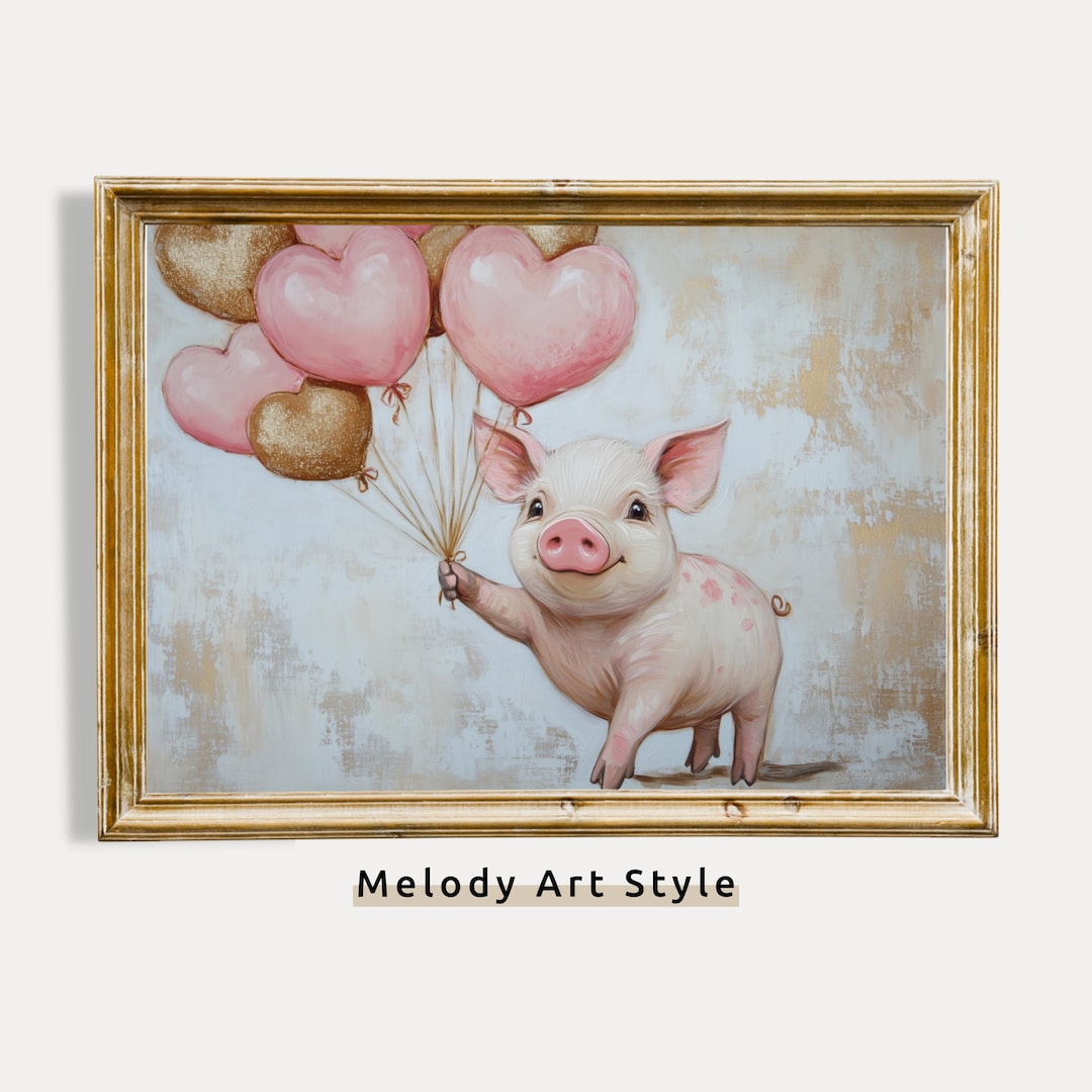 Cute Pig With Heart Balloons Printable Wall Art, Valentine’s Day ...