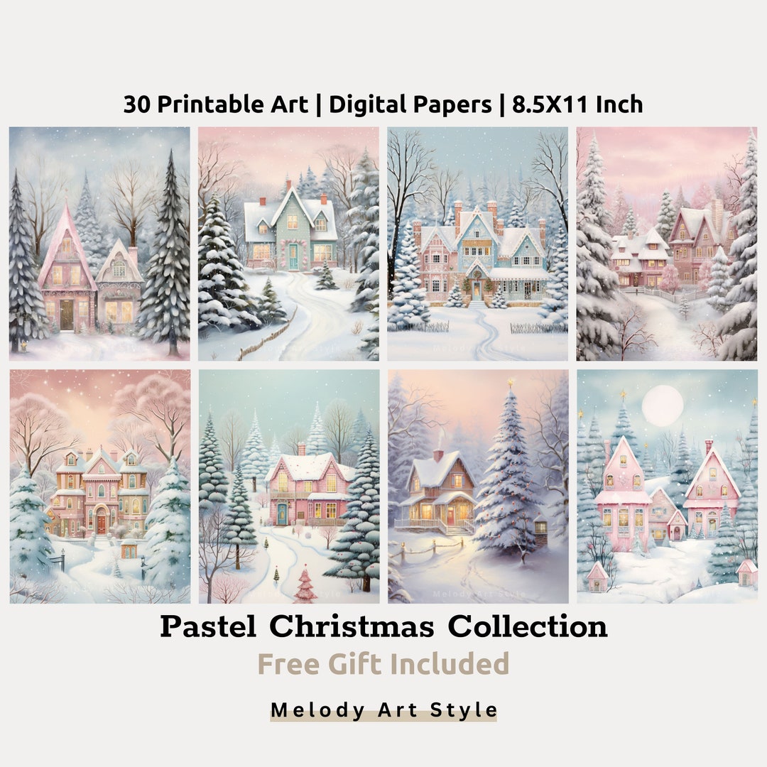 Pink Pastel Christmas Printable Art, Winter Digital Papers, Watercolor ...