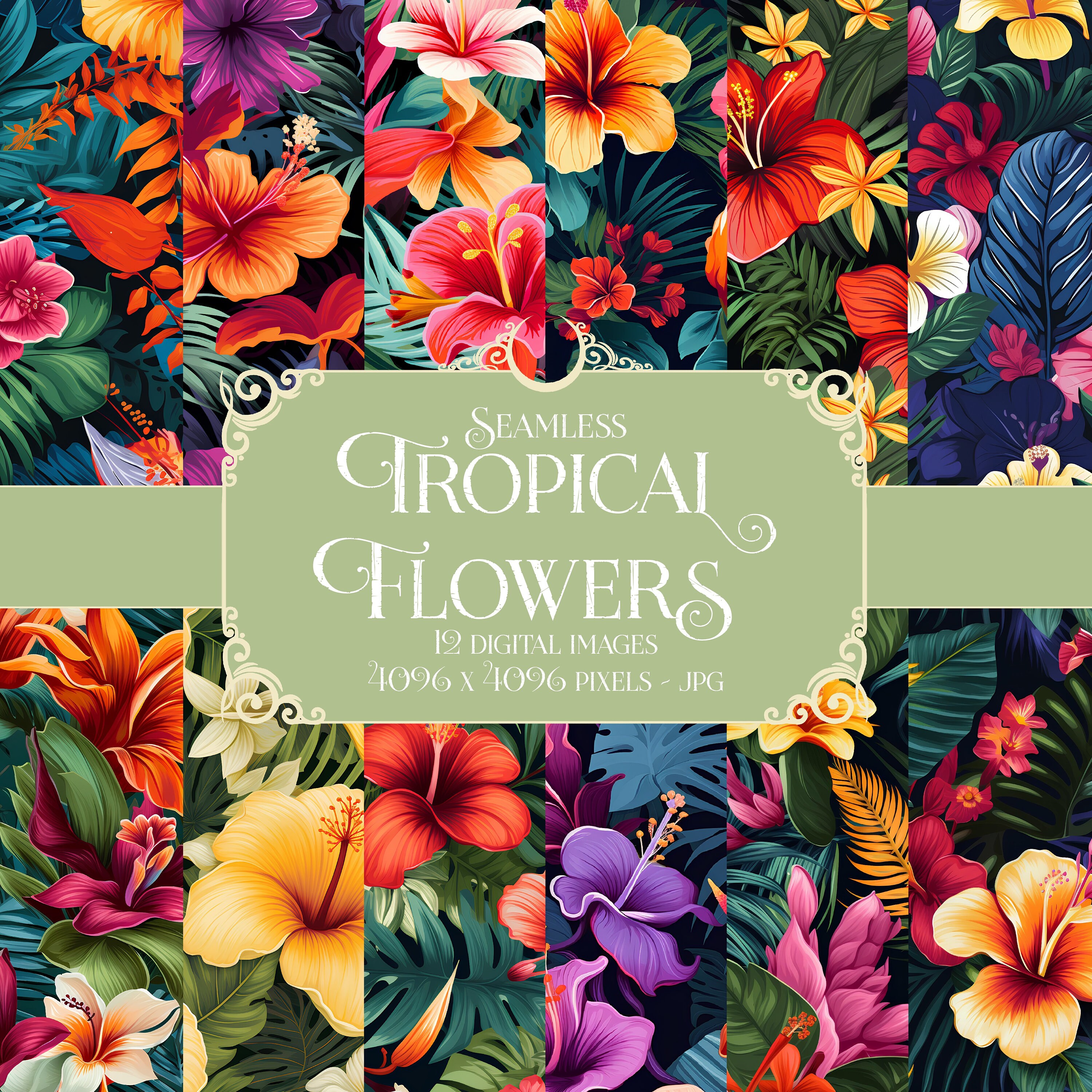Tropical Flowers Digital Paper Seamless 12 Designs High Resolution ...