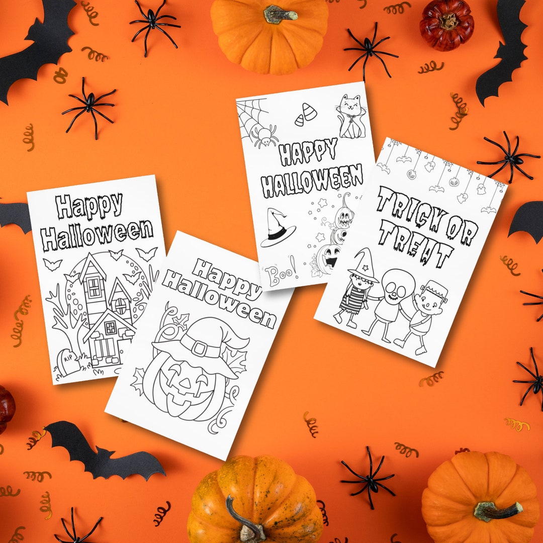 Halloween Coloring Cards Set of 4 / Halloween Activity / - Etsy