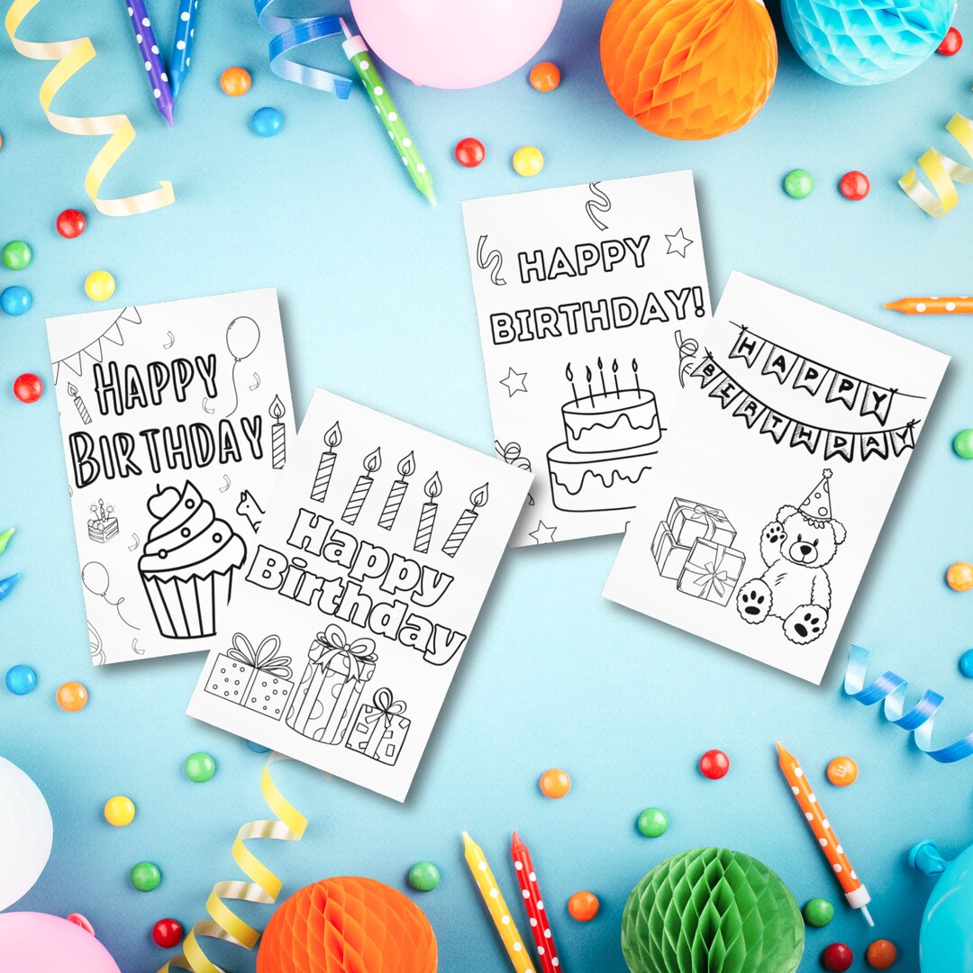Birthday Coloring Cards Set of 4 / Birthday Activity / Birthday Craft ...