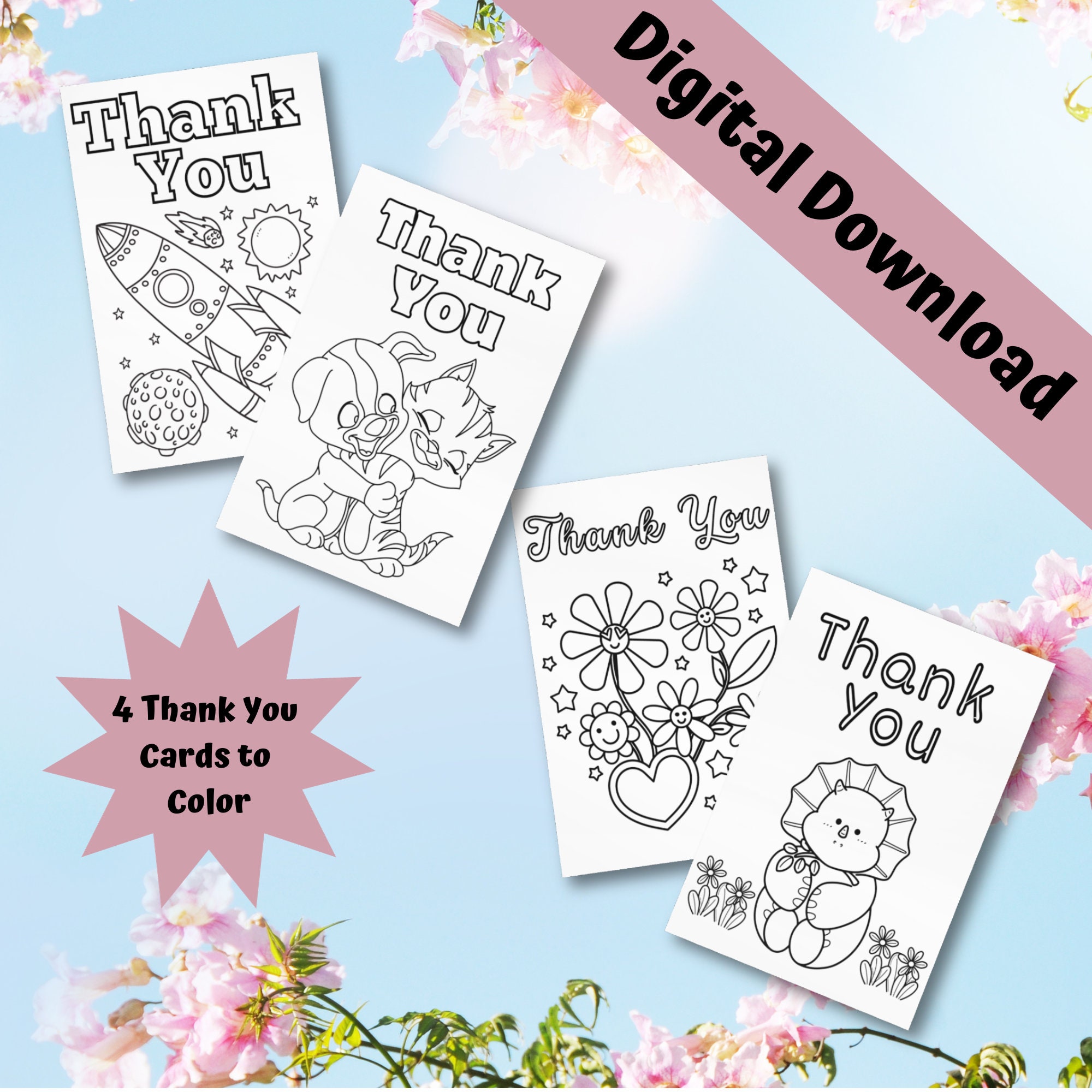 Thank You Coloring Cards Set of 4 Digital Download / Thank You Activity ...