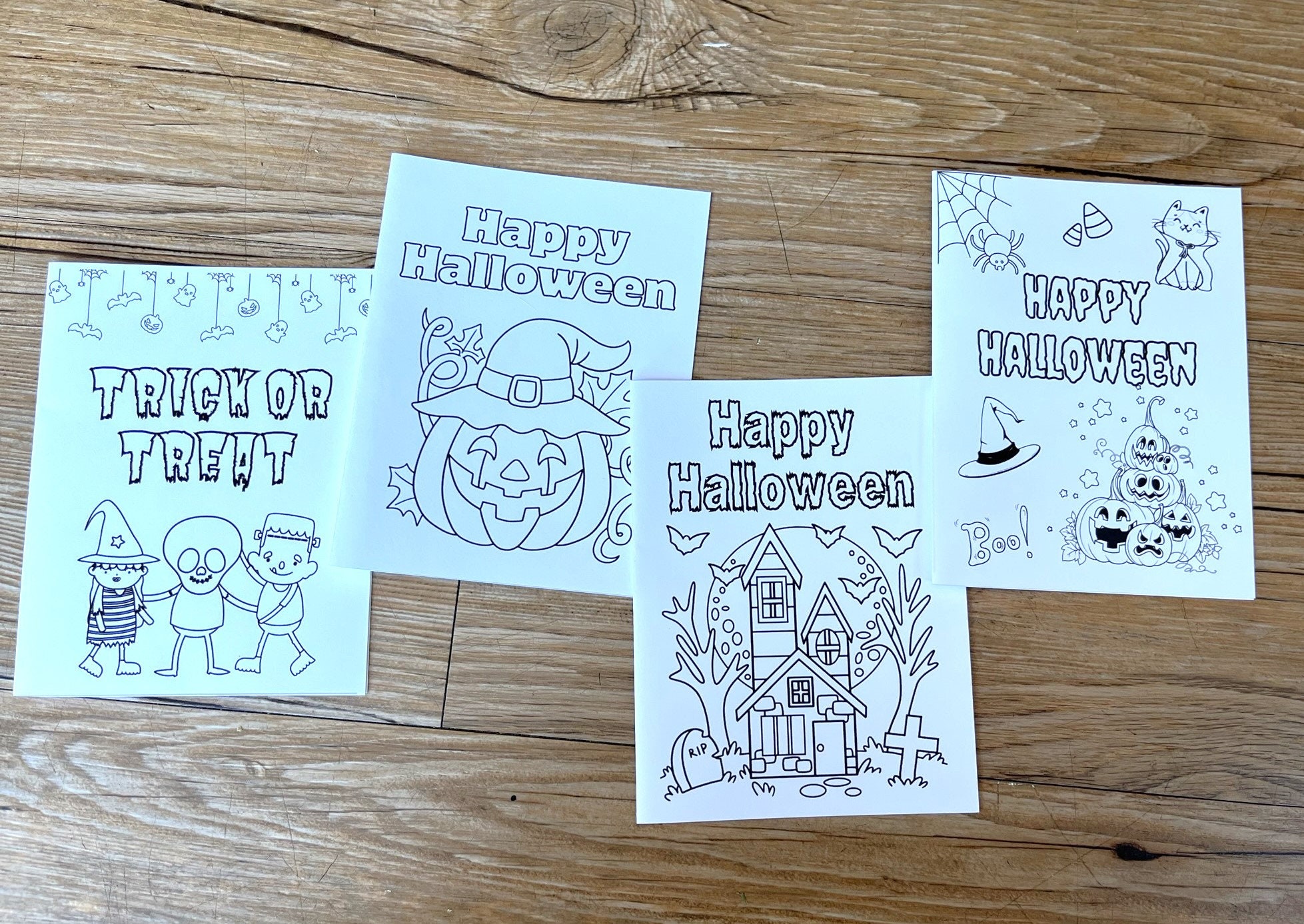 Halloween Coloring Cards Set of 4 / Halloween Activity / - Etsy