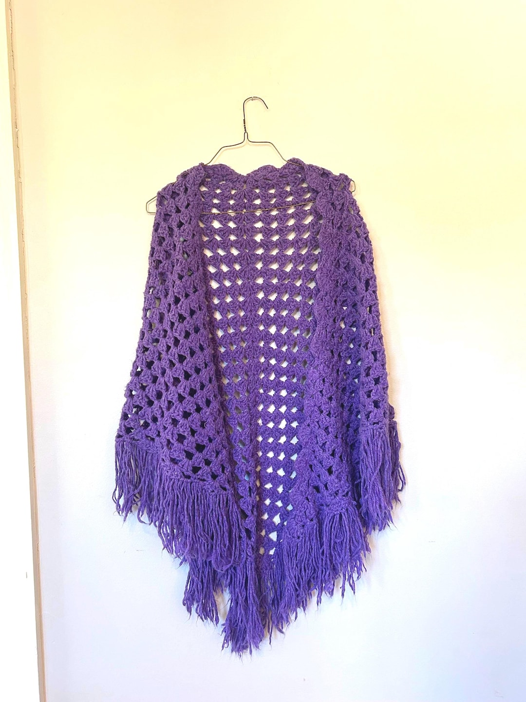 Vintage 70s Artisan Made Purple Crochet Shawl With Fringe Retro Boho ...