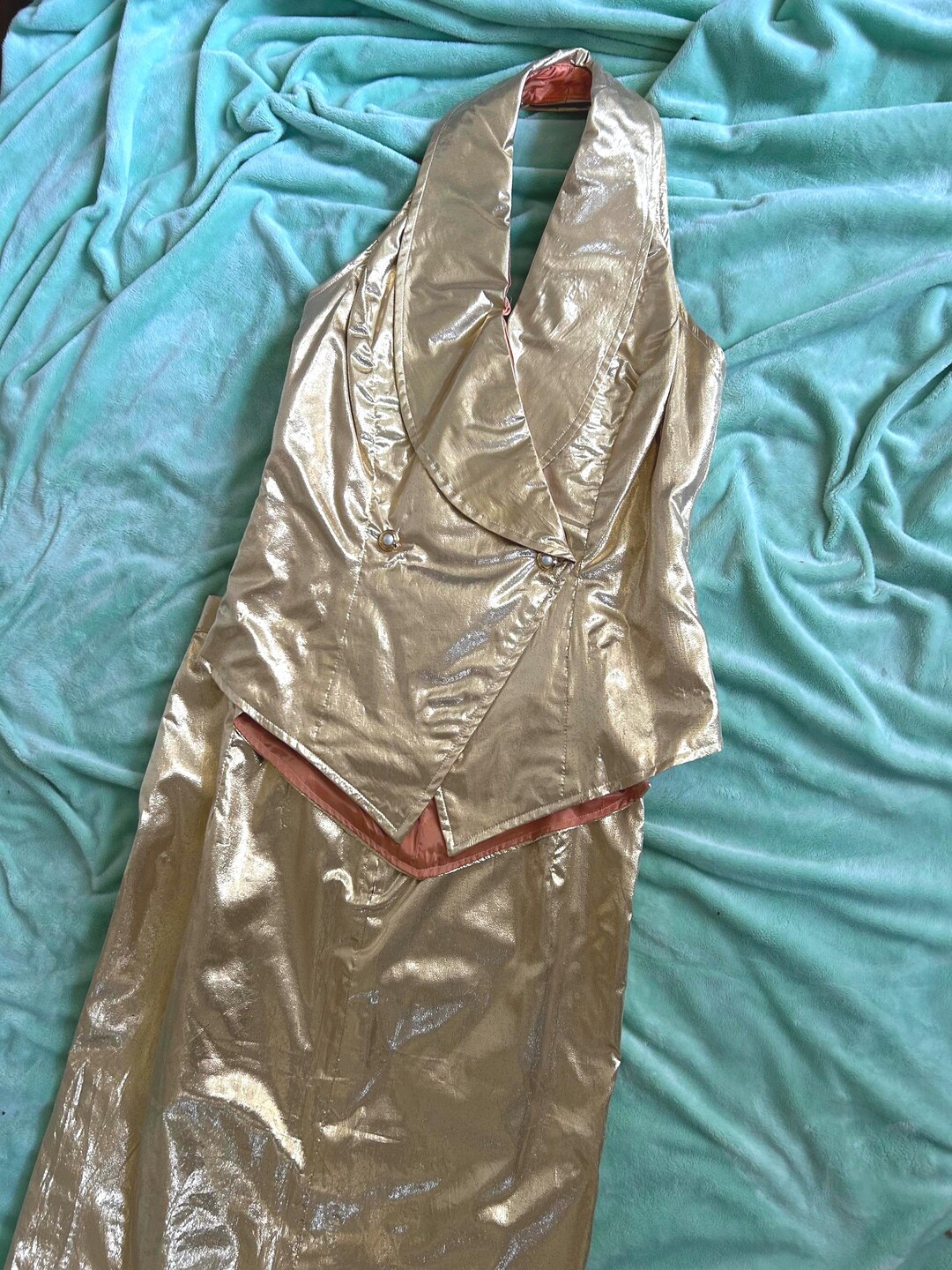 Vintage Gold Metallic Low Cut Vest and Skirt Handmade Set Size Medium ...
