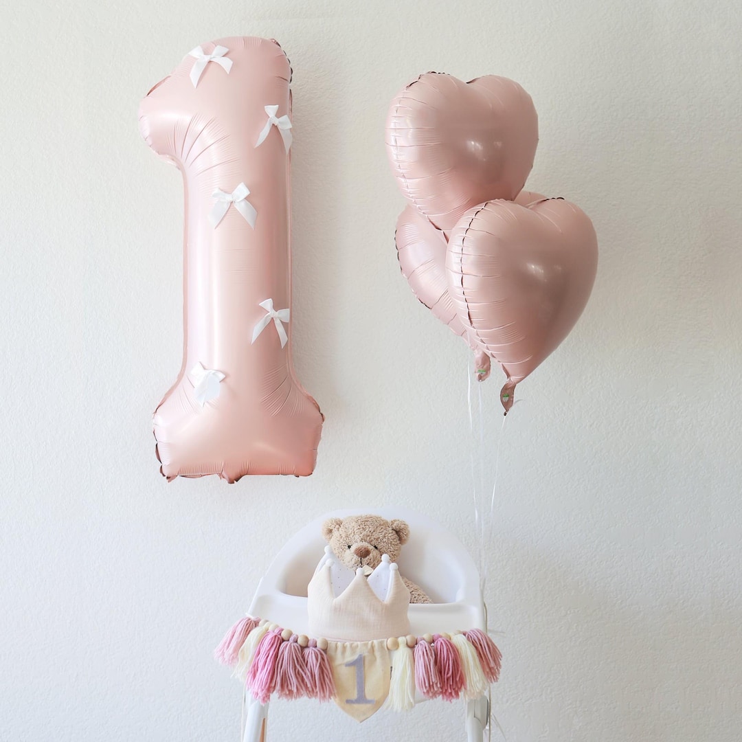 Baby Pink Number Balloon, Pink Balloon With Bow, Sweet 1st Birthday ...