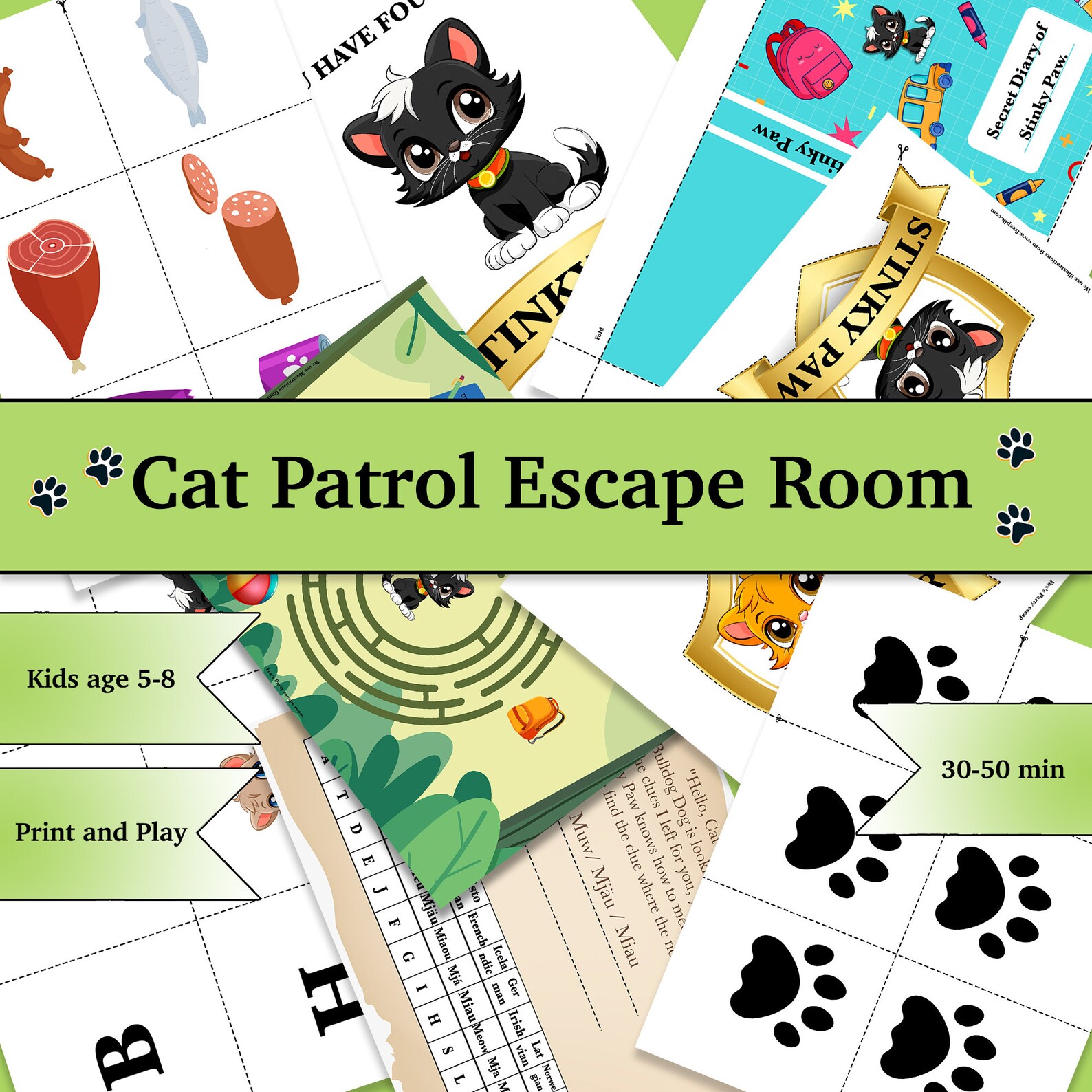 Cat Escape Room for Kids, Printable Party Game, Puzzles Secret Codes ...