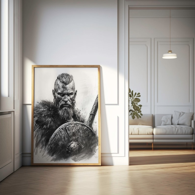 Vintage Viking Black and White Art Print Rustic Norse Warrior Portrait ...
