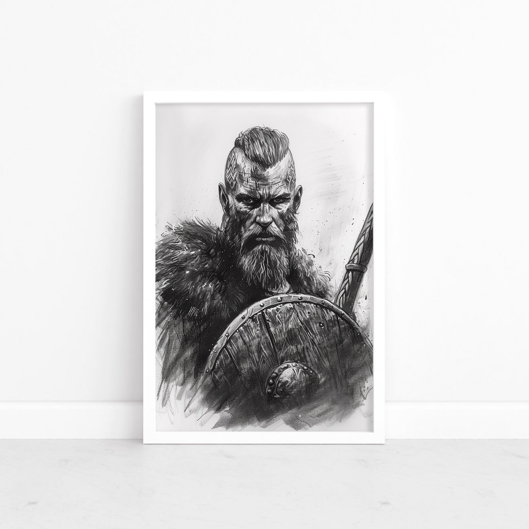 Vintage Viking Black and White Art Print | Rustic Norse Warrior ...