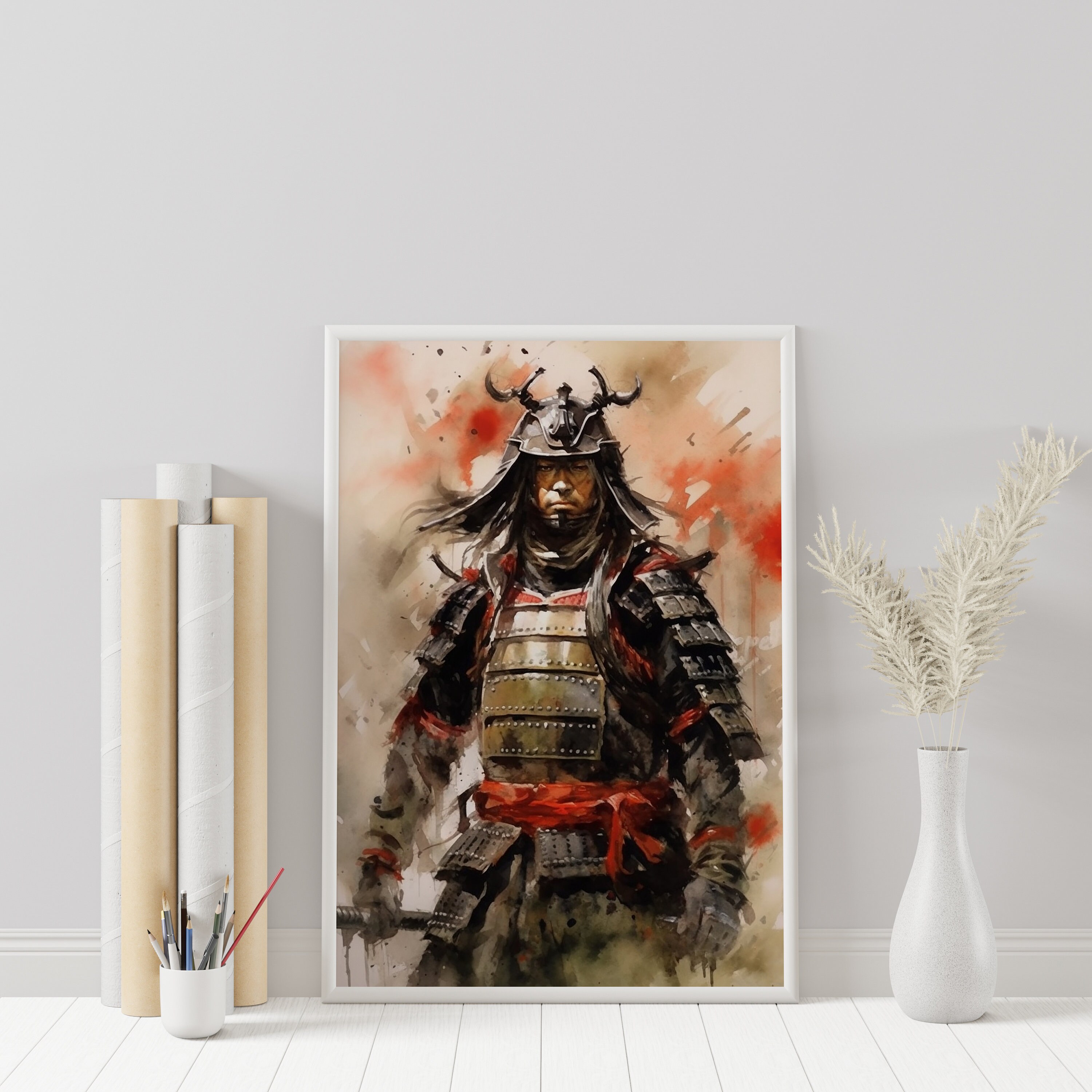 Majestic Samurai Spirit: Vintage Japanese Watercolor Print Poster ...