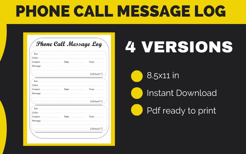 Phone Call Message Log Printable Sheet Missed Call Log - Etsy