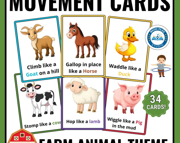 Farm Animal Movement Cards, Kids Action Cards Printable, Circle Time ...