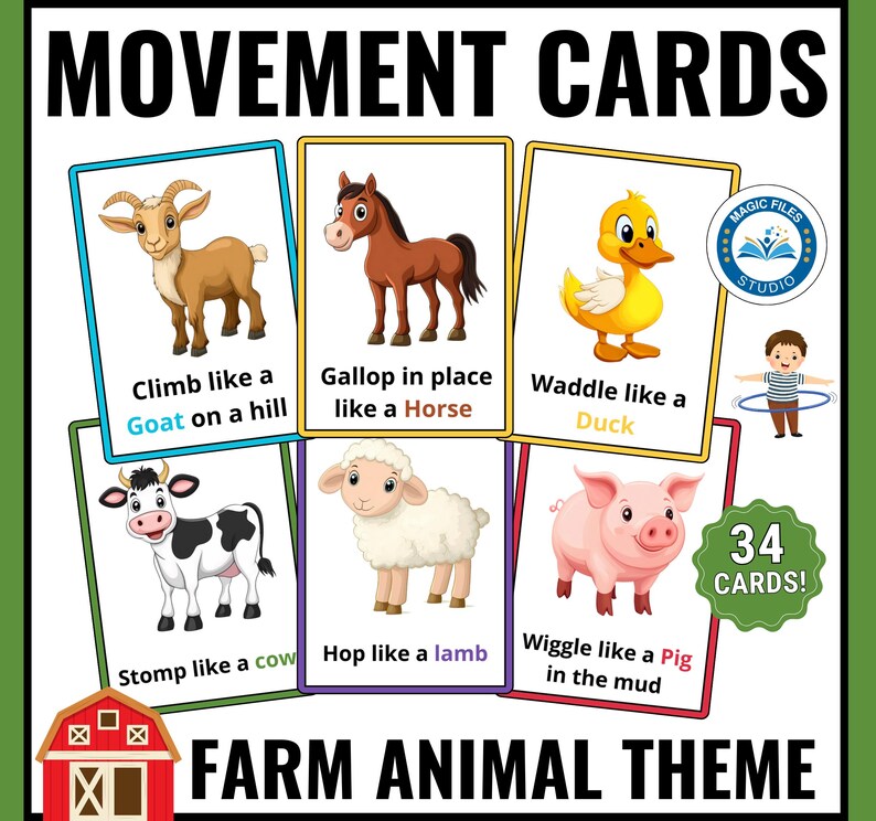 Farm Animal Movement Cards, Kids Action Cards Printable, Circle Time ...
