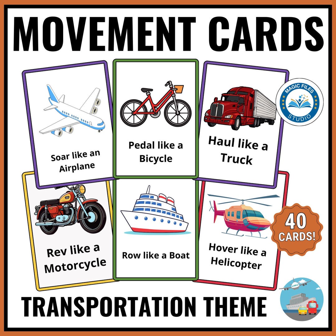 Transportation Movement Cards, Kids Action Cards Printable, Circle Time ...
