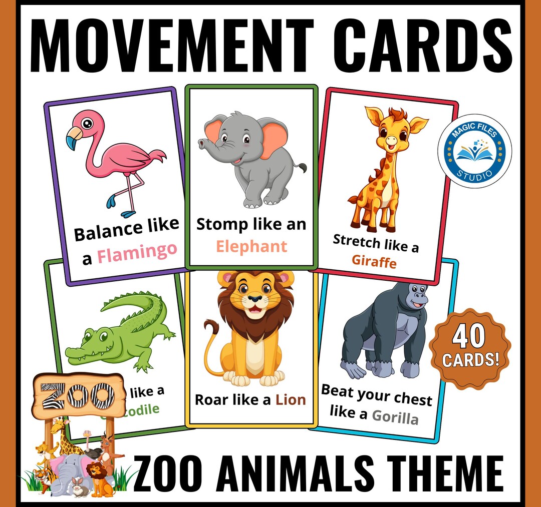 Zoo Animals Movement Cards, Kids Action Cards Printable, Circle Time ...