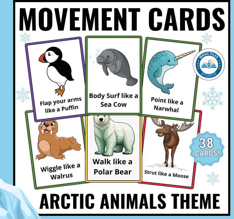 Arctic Animal Movement Cards, Kids Action Cards Printable, Circle Time ...