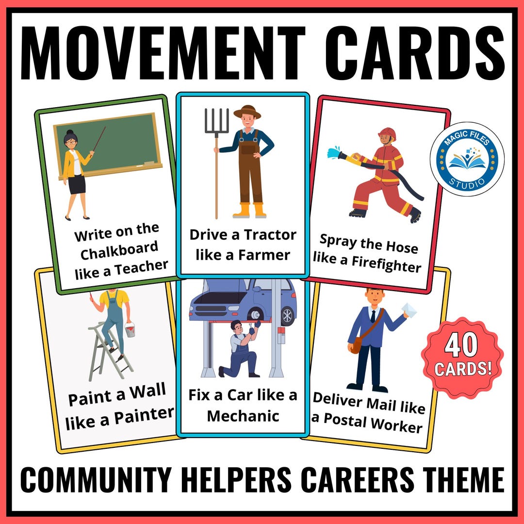 Community Helpers Movement Cards, Kids Action Cards Printable, Circle ...