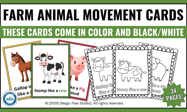 Farm Animal Movement Cards, Kids Action Cards Printable, Circle Time ...