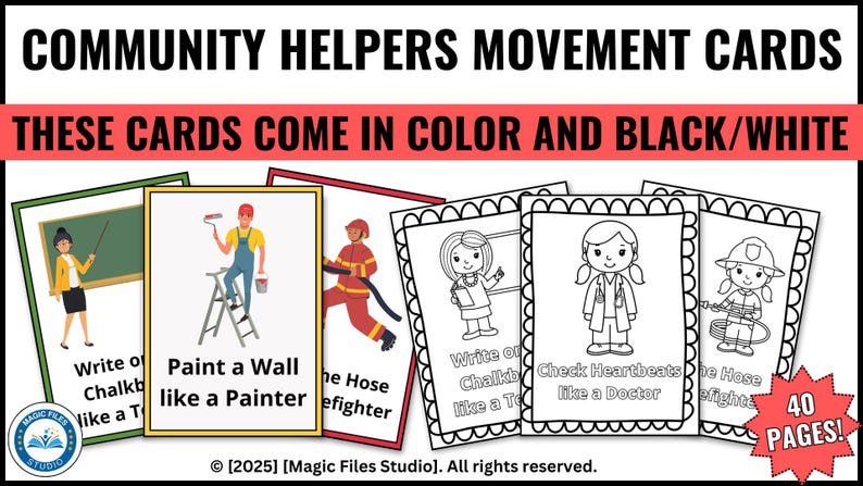Community Helpers Movement Cards, Kids Action Cards Printable, Circle ...