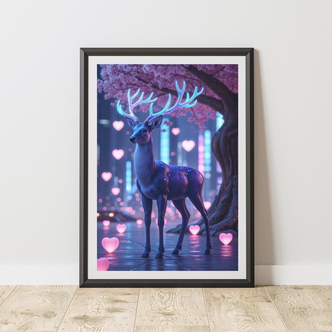 Cyber Deer - Ai - Cyberpunk Wall Art - Neon Love Meets Futuristic ...