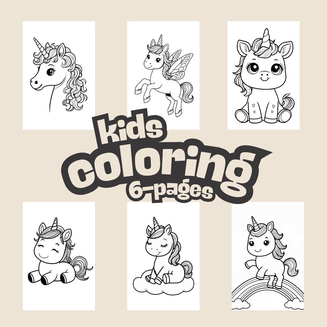 Unicorn - 6-pack Coloring Pages for Kids - Etsy