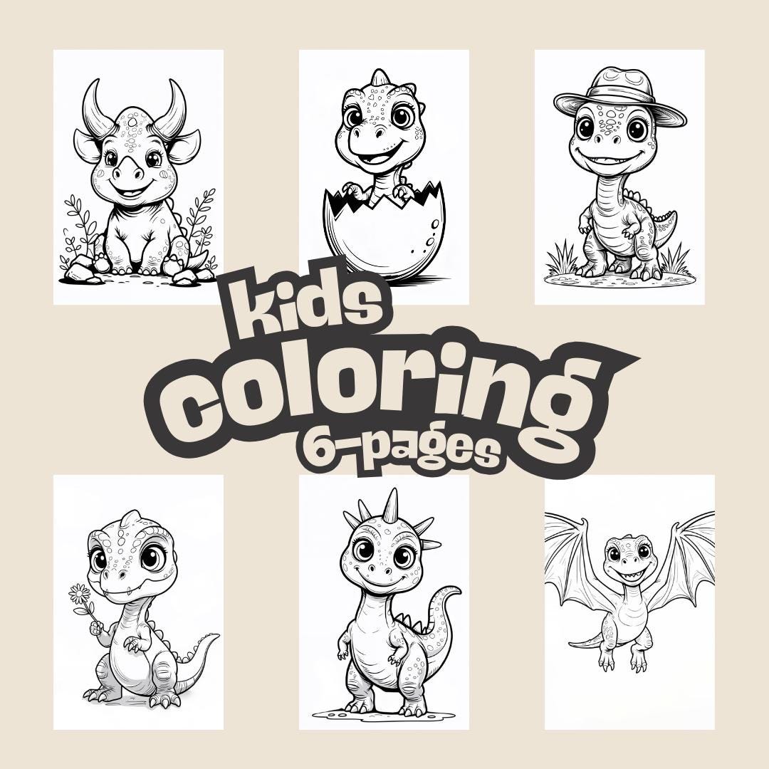 Dino - 6-pack Coloring Pages for Kids - Etsy