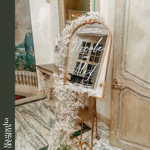 Custom Engagement Party Welcome Sign on Large Gold Arch Mirror ...