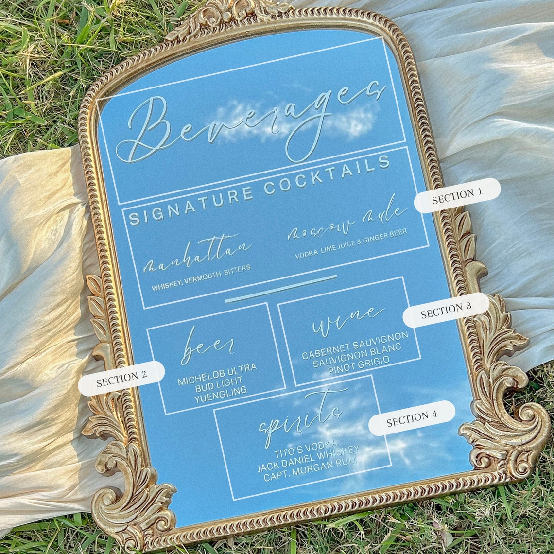 Custom Cocktail List for Wedding on Gold Arch Mirror With Custom ...