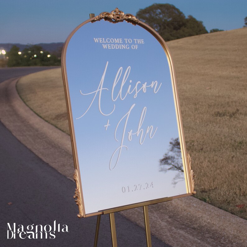 Custom Gold Arch Mirror Welcome Sign for Elegant Wedding Personalized ...