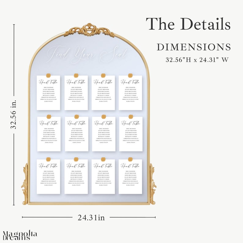 Gold Mirror Customized Seating Chart for Wedding, Elegant Guest Seating ...