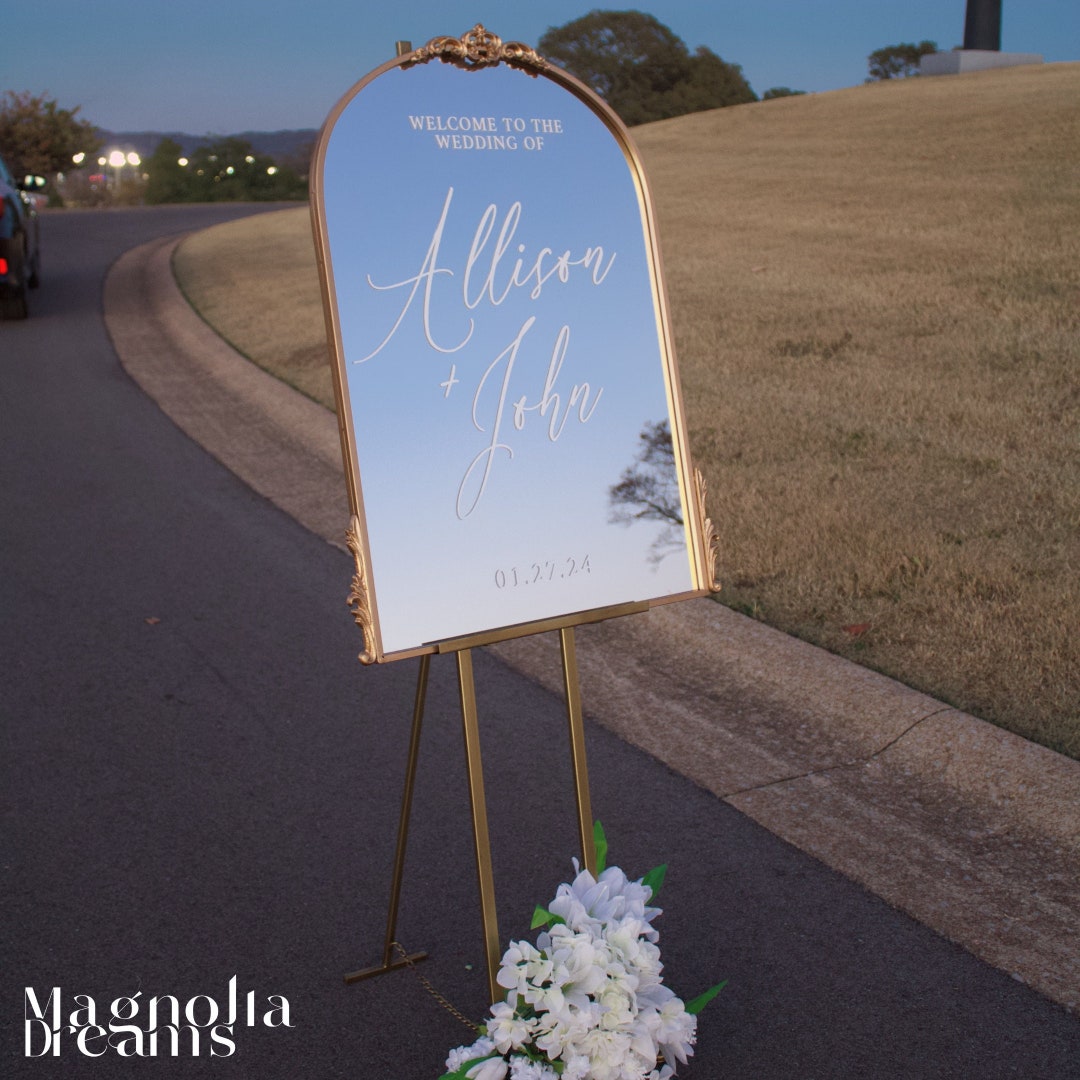Elegant Gold Arch Mirror With Flourish + Custom Trendy Wedding Welcome ...