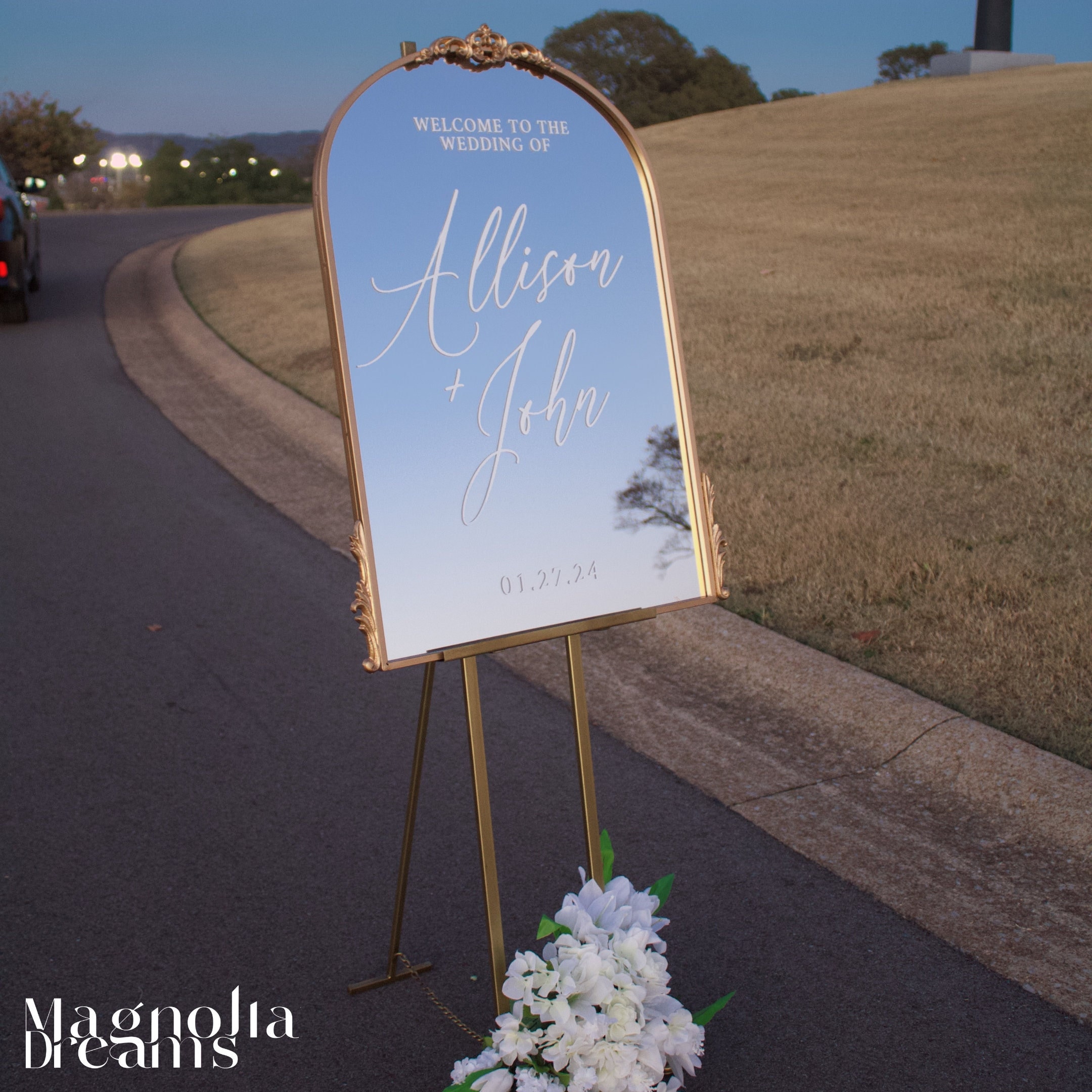 Elegant Gold Arch Mirror With Flourish + Custom Trendy Wedding Welcome ...