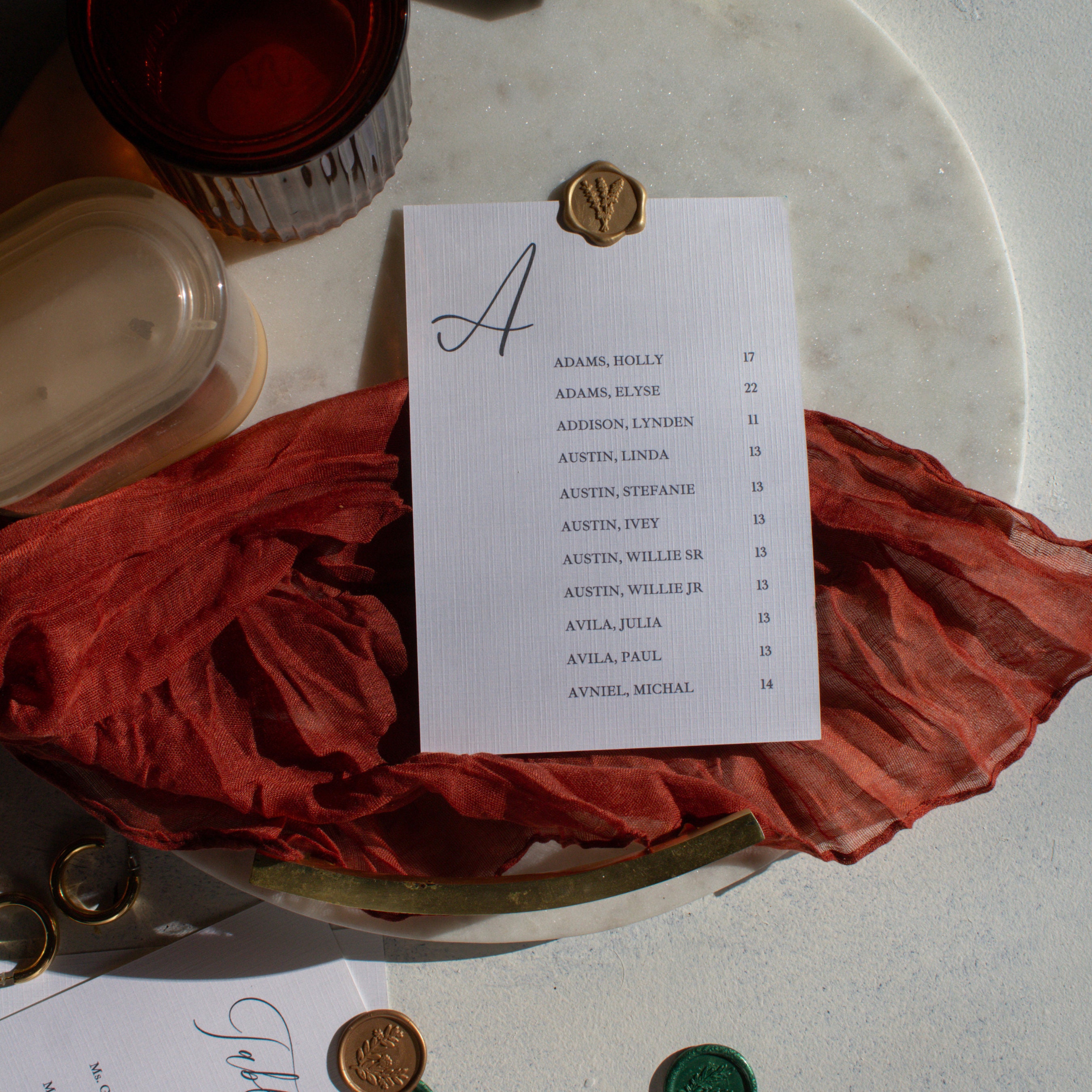 Seating Chart Wedding Cards, Guest Seating Cards With Wax Seal, Seating ...